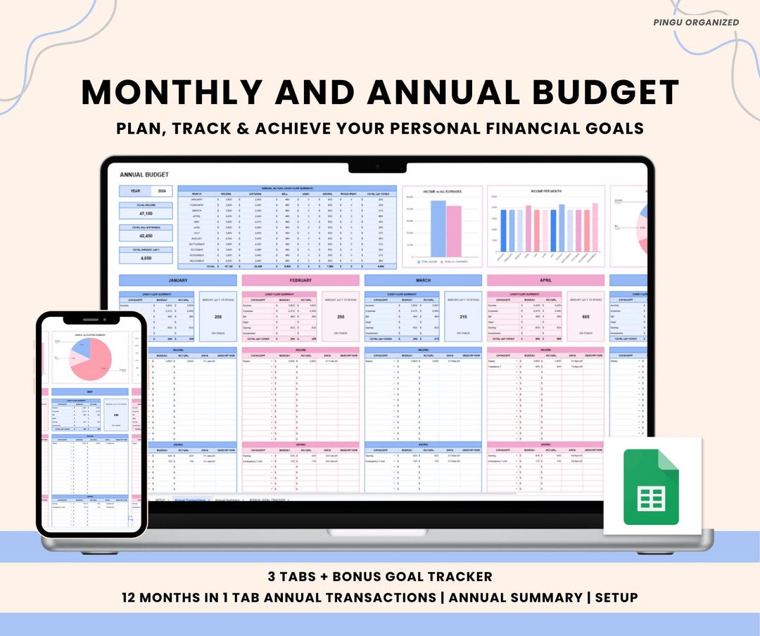 Monthly Budget Google Sheets Template: Annual Budget Tracker, Personal ...