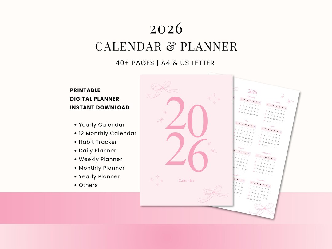 2026 Calendar Planner: Yearly Monthly Weekly Daily Organizer, Pink Bow ...