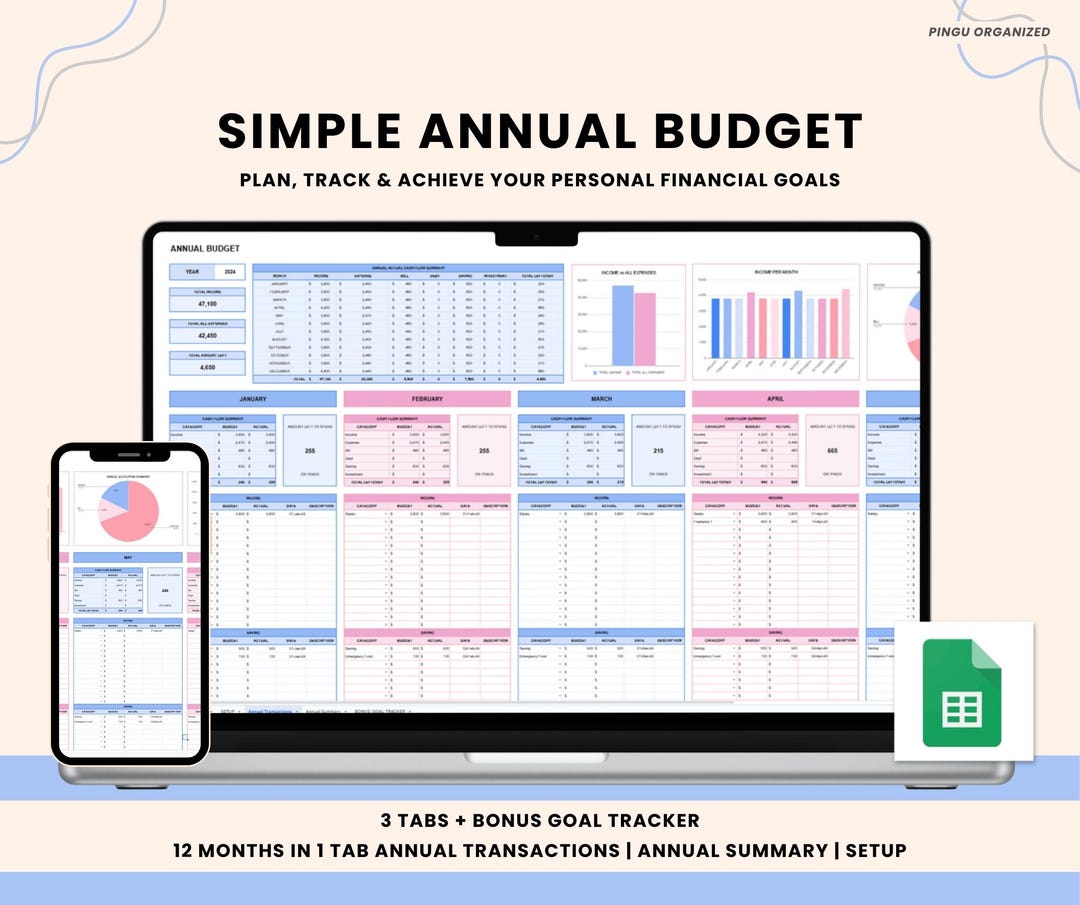 Simple Annual Budget Google Sheets, Monthly Budget Spreadsheet ...