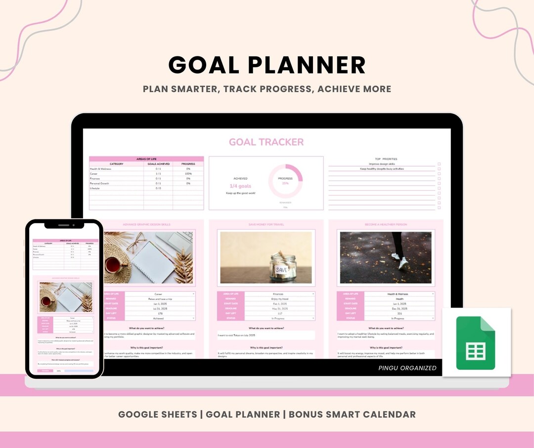 Goal Planner Google Sheets: Vision Board, Smart Goals Tracker ...