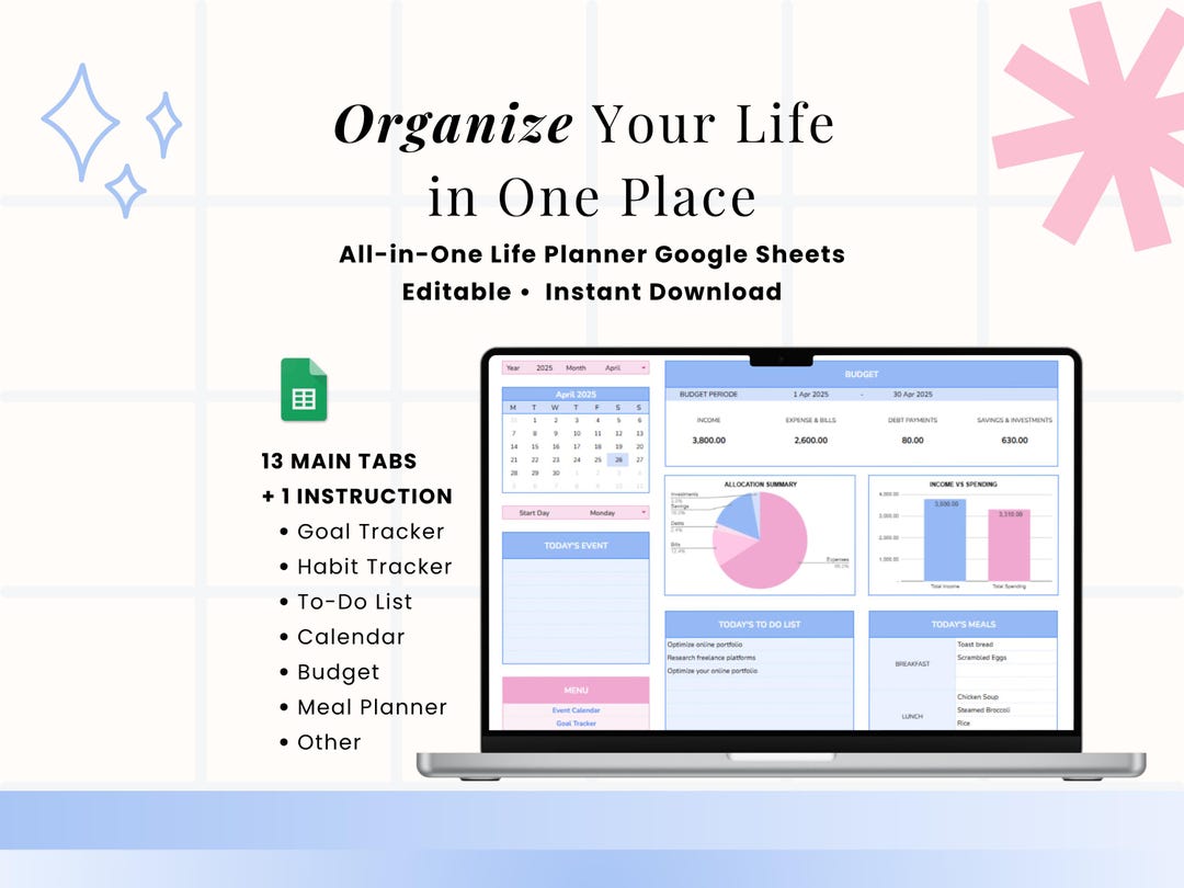 2026 Life Planner Google Sheets | Daily Organizer Template | Goal ...
