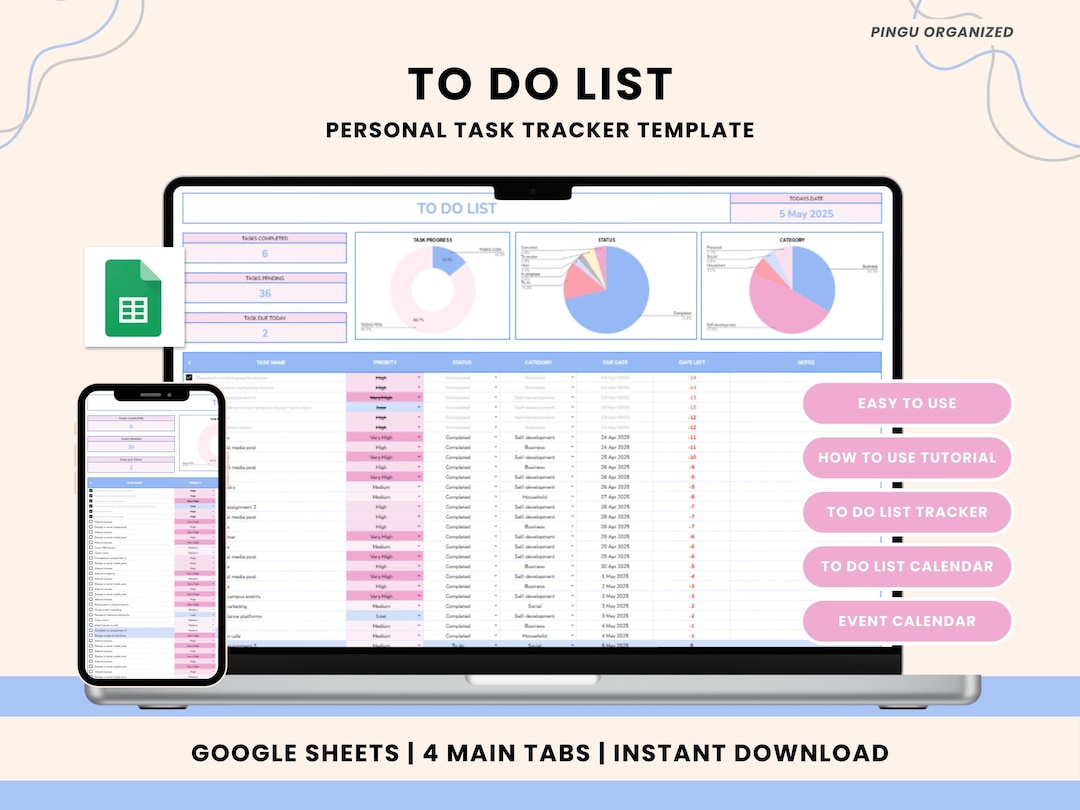 To Do List Template Google Sheets Task Tracker Spreadsheet Digital ...