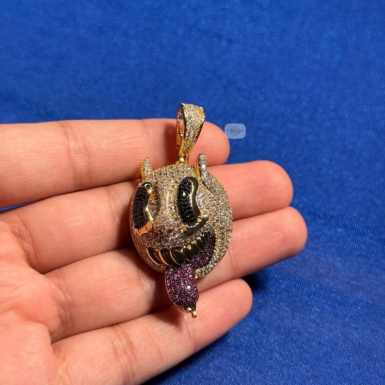 14K Gold Plated Iced Out Cartoon Demon Face Pendant CZ Diamonds Hip Hop ...