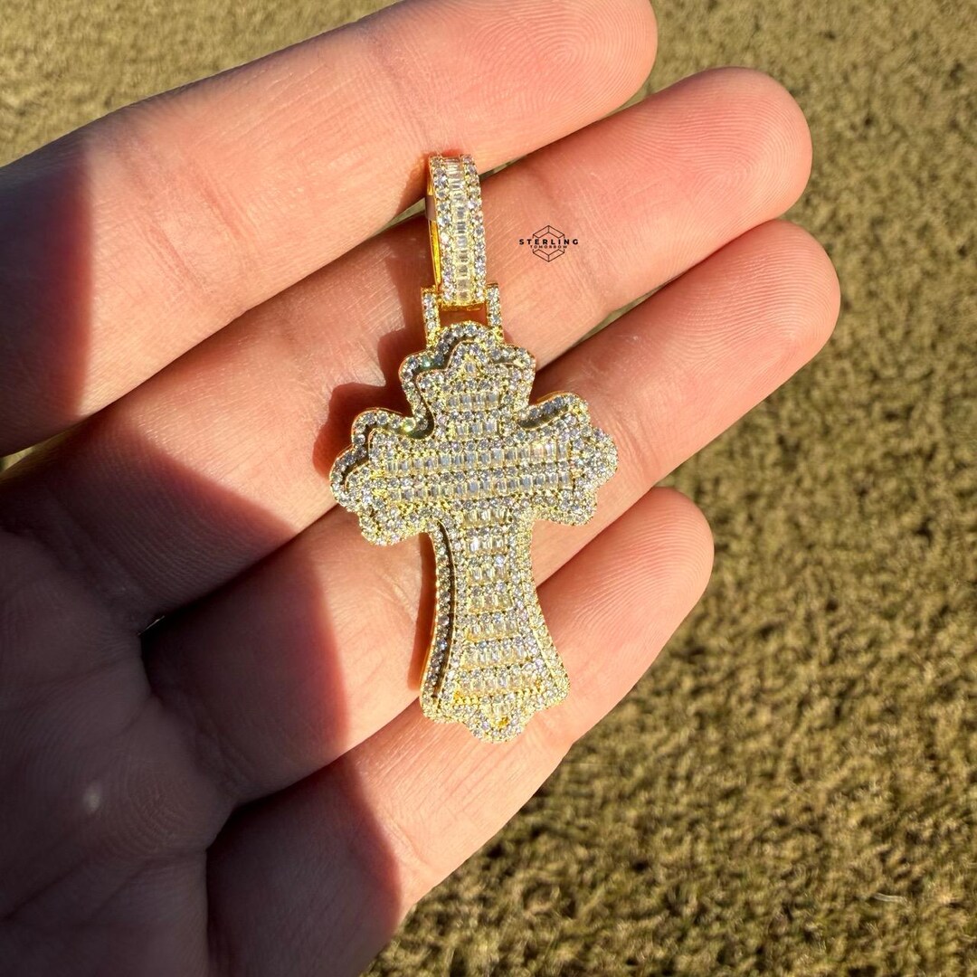 Moissanite Gothic Flared Cross - Iced Pass Diamond Testers - Gold Over ...
