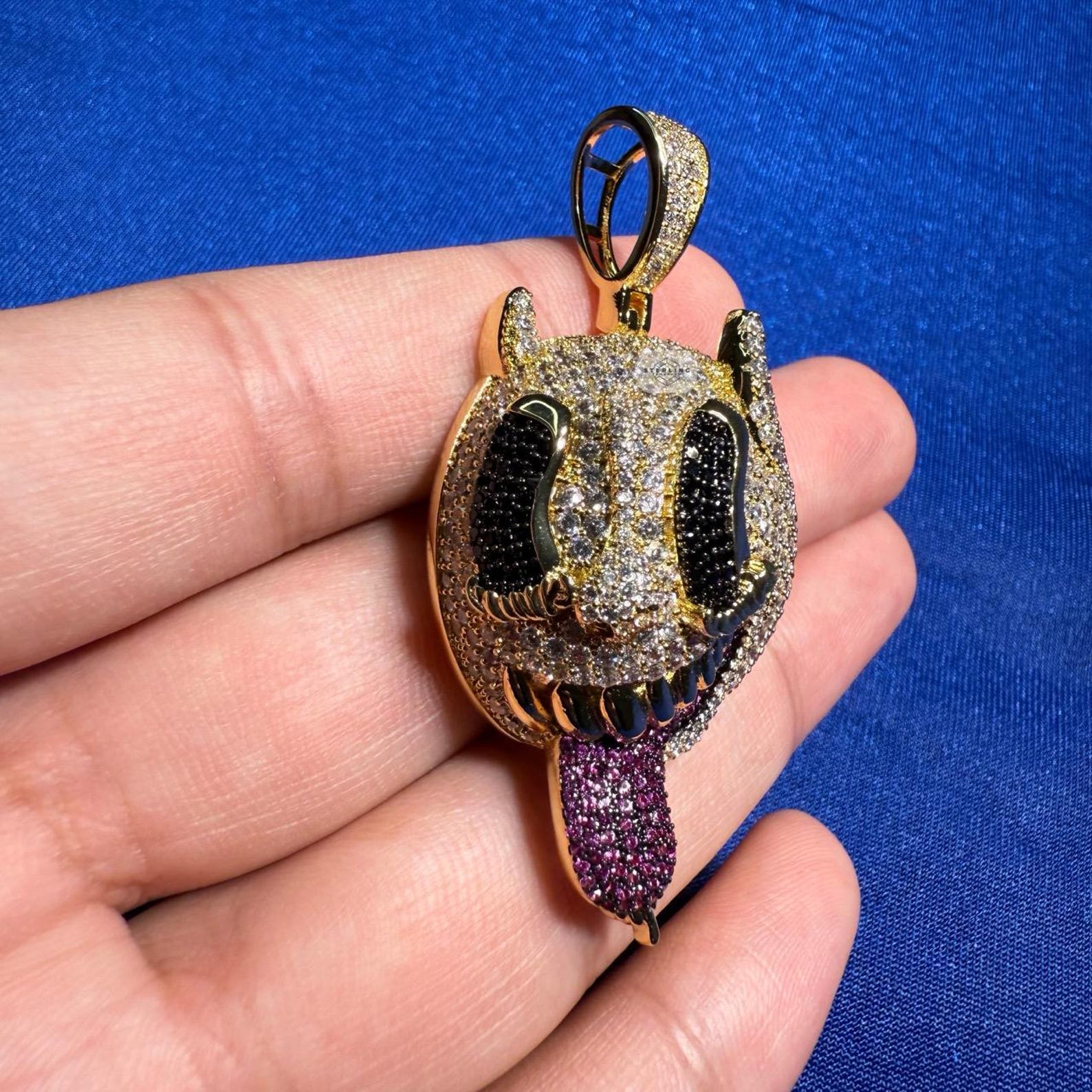 14K Gold Plated Iced Out Cartoon Demon Face Pendant CZ Diamonds Hip Hop ...