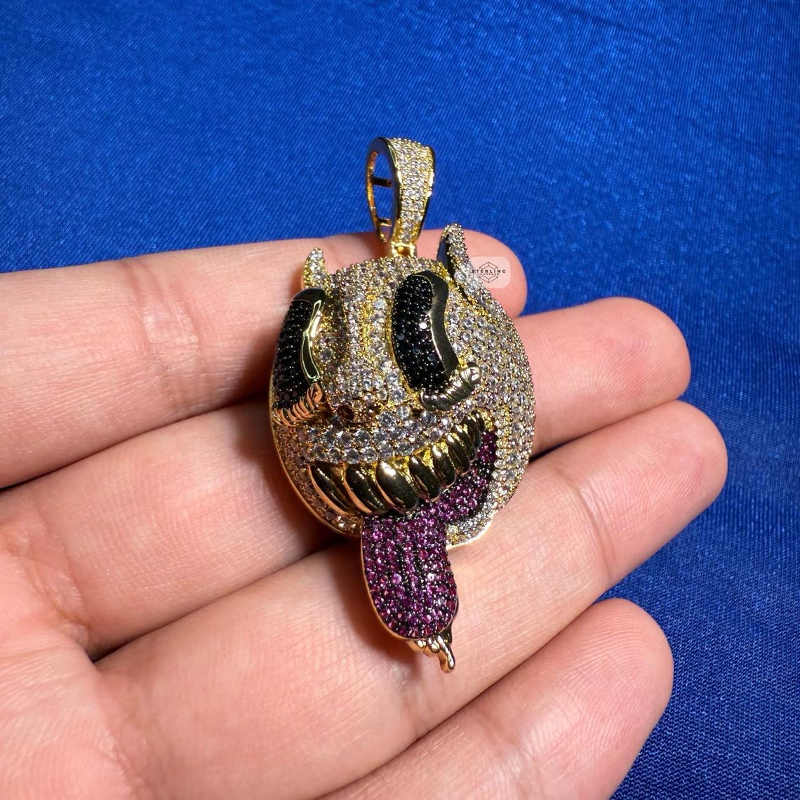 14K Gold Plated Iced Out Cartoon Demon Face Pendant CZ Diamonds Hip Hop ...