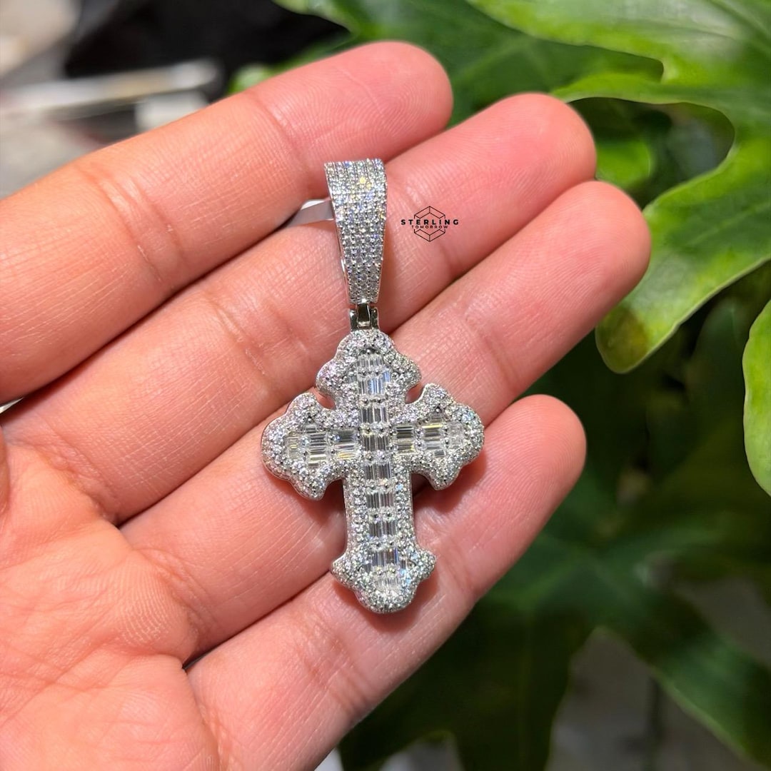 Moissanite Gothic Baguette Cross Pendant Iced Pass Diamond Testers ...