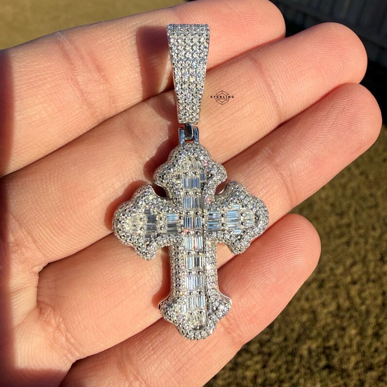 Moissanite Gothic Baguette Cross Pendant Iced Pass Diamond Testers ...