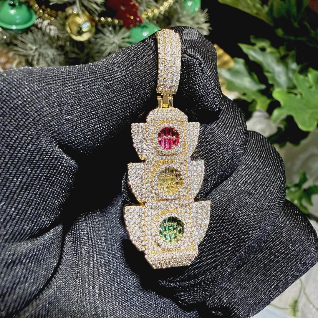 Traffic Light 14K Gold Plated Iced Pendant Red Yellow Green Signal ...