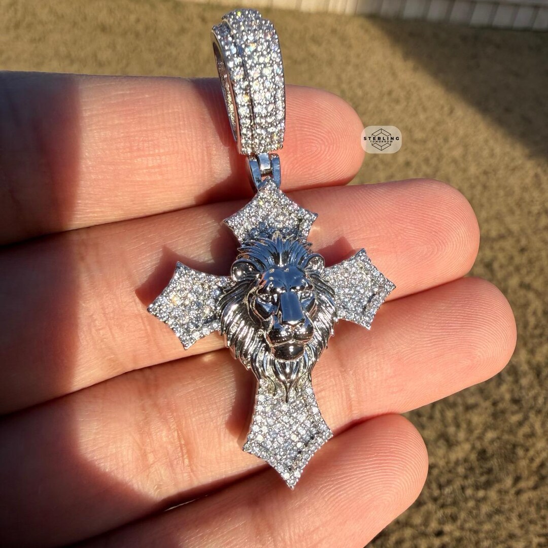Lion Cross Iced Out Pendant 14k White Gold Plated Mens Bling Rapper ...