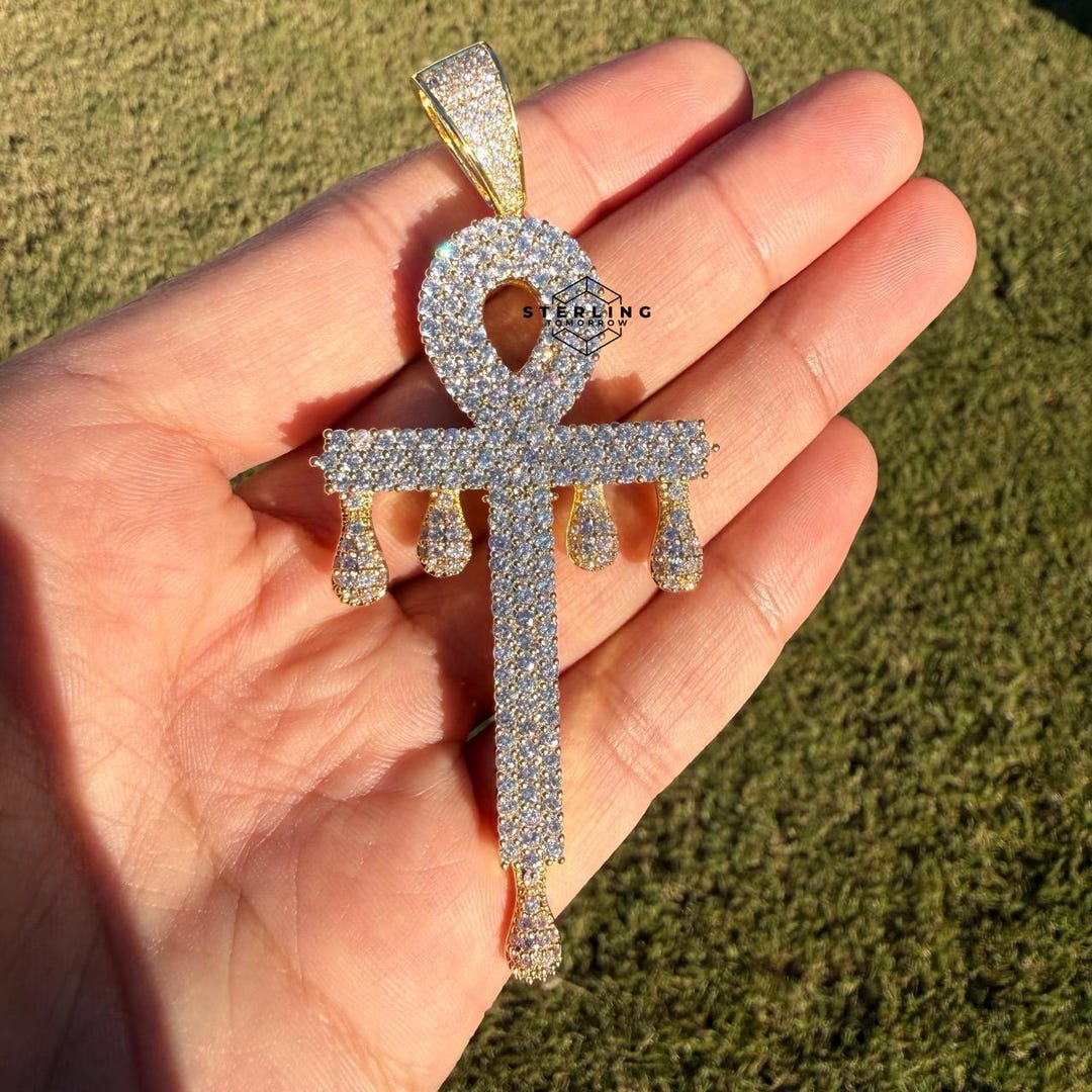 Ankh EXTRA LARGE Drip Iced Out Pendant 14k Gold Plated CZ Diamonds ...