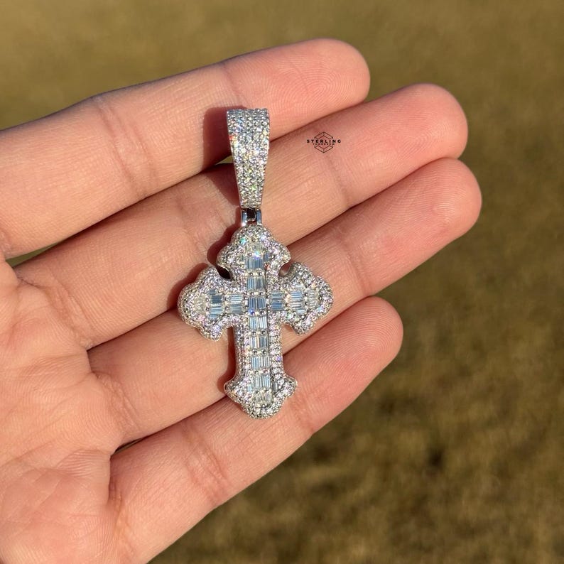 Moissanite Gothic Baguette Cross Pendant Iced Pass Diamond Testers ...