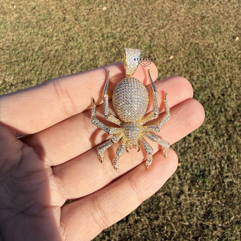 14K Gold Plated Iced Out Spider Pendant With CZ Diamonds + Free ...