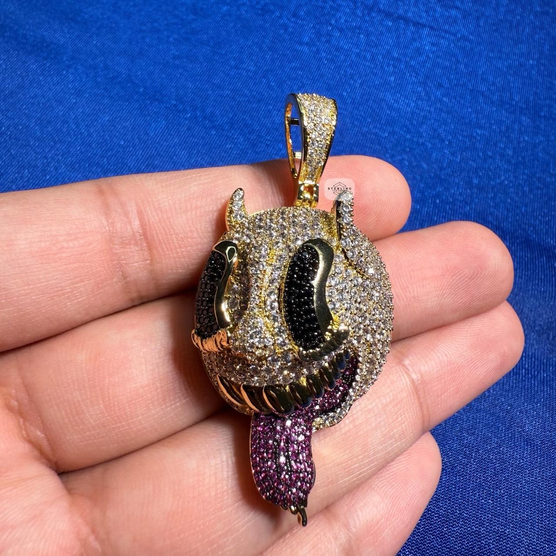 14K Gold Plated Iced Out Cartoon Demon Face Pendant CZ Diamonds Hip Hop ...