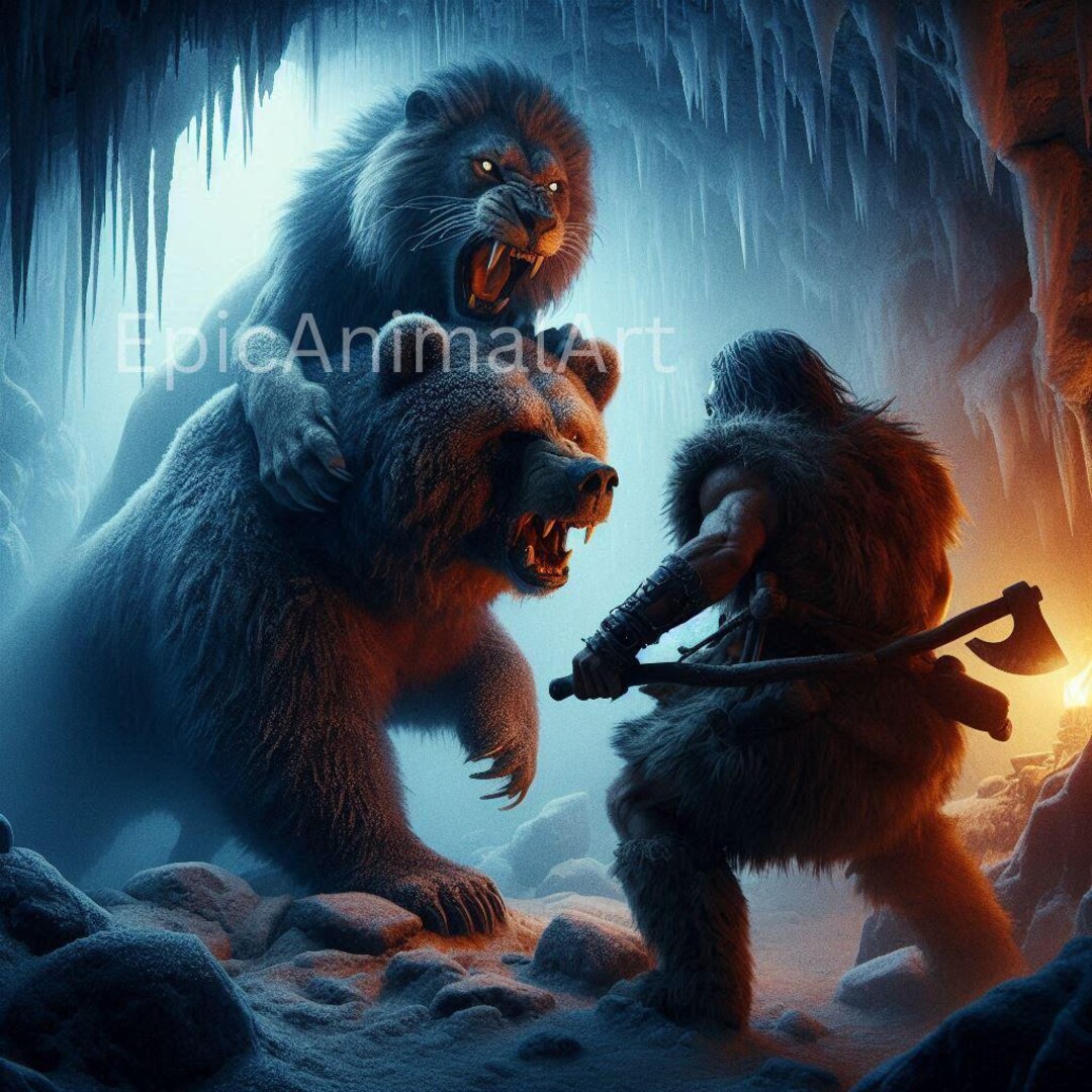 Cave Bear Ursus Spelaeus and the Human Defends Their Home Against the ...