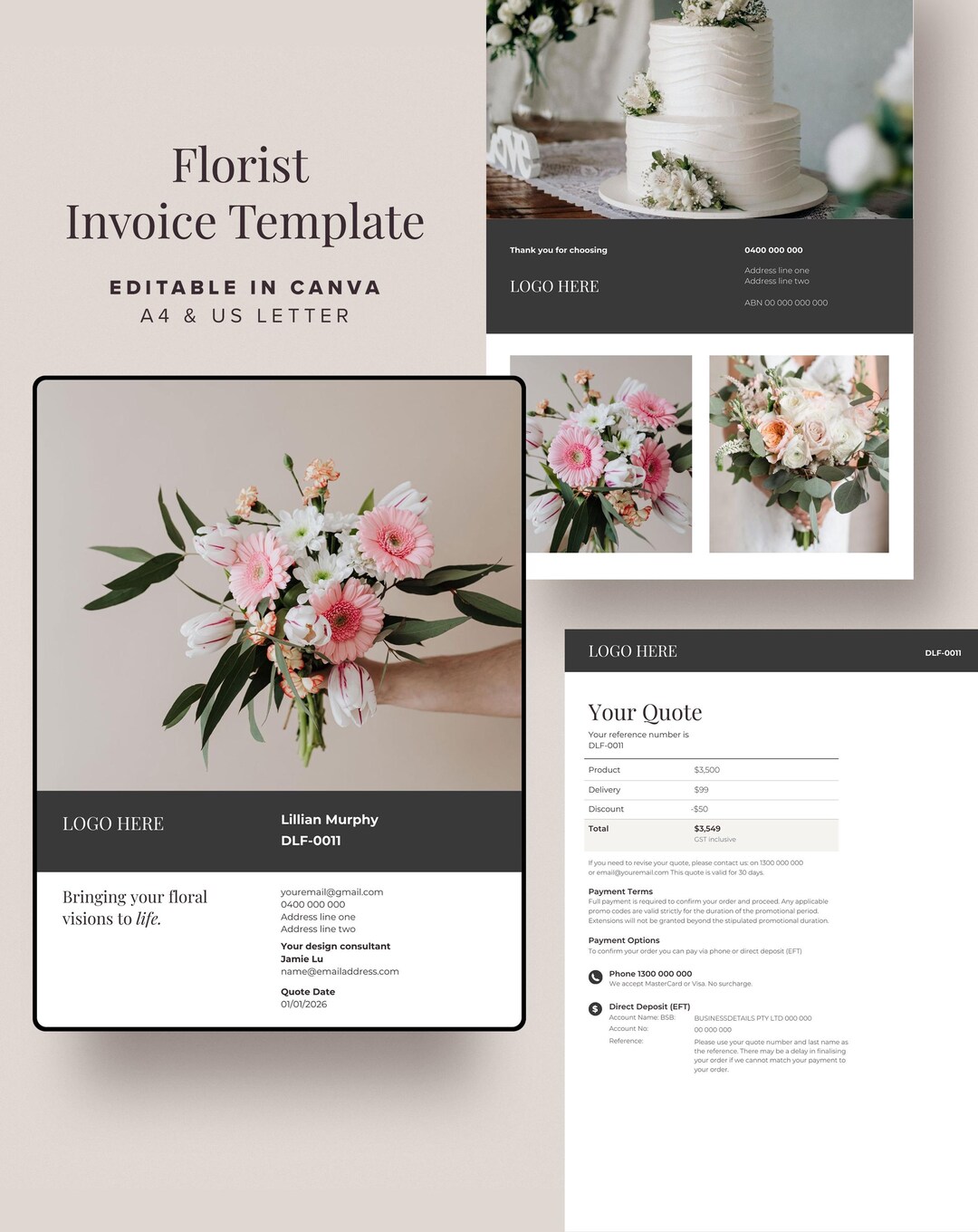 Editable Florist Quote Template, Canva Invoice Design (digital Download ...