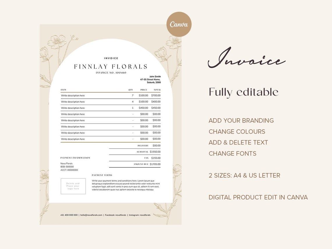 Editable Florist Invoice Template | Professional Canva Invoice Design ...