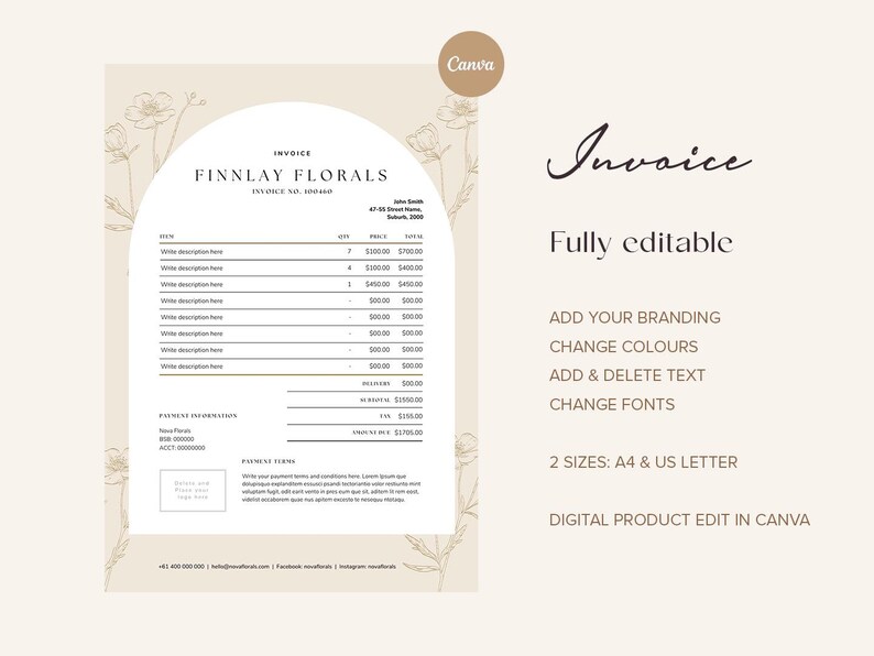 Editable Florist Invoice Template | Professional Canva Invoice Design ...