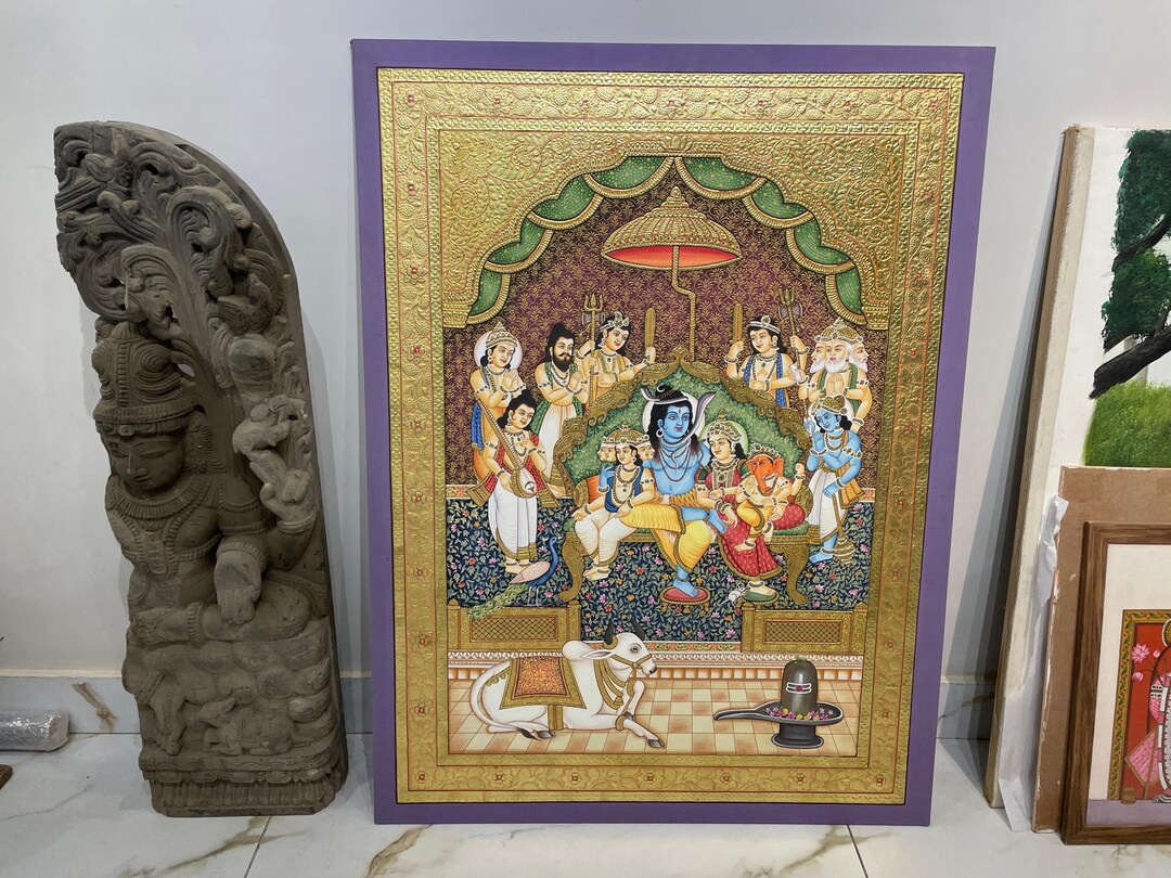 Tanjore Painting of Lord Shiv Parivar Real Gold Leaf 24kt on Board Hand ...