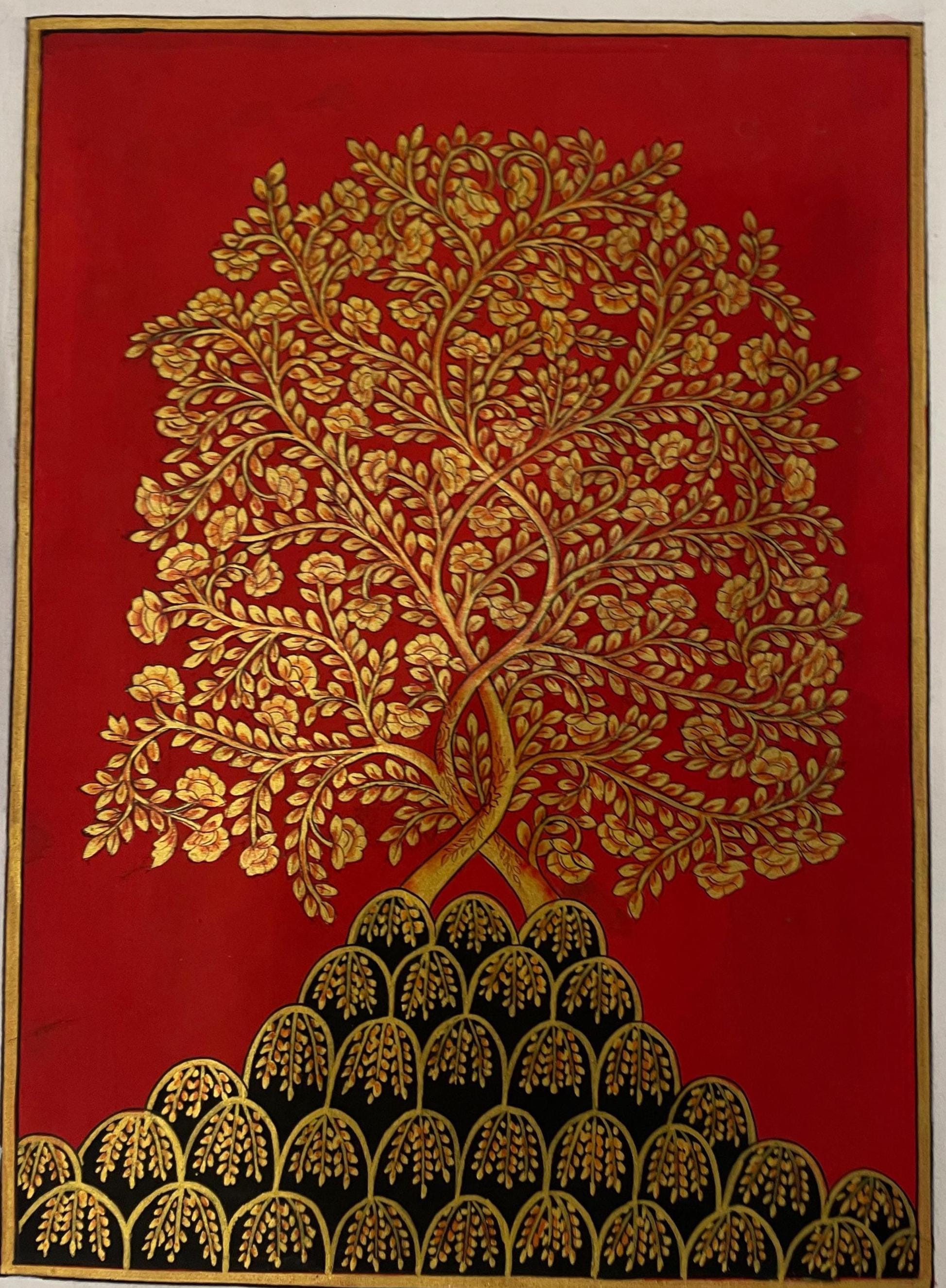 Indian Hand Painted Red and Golden Color Tree of Life Pichwai Painting ...