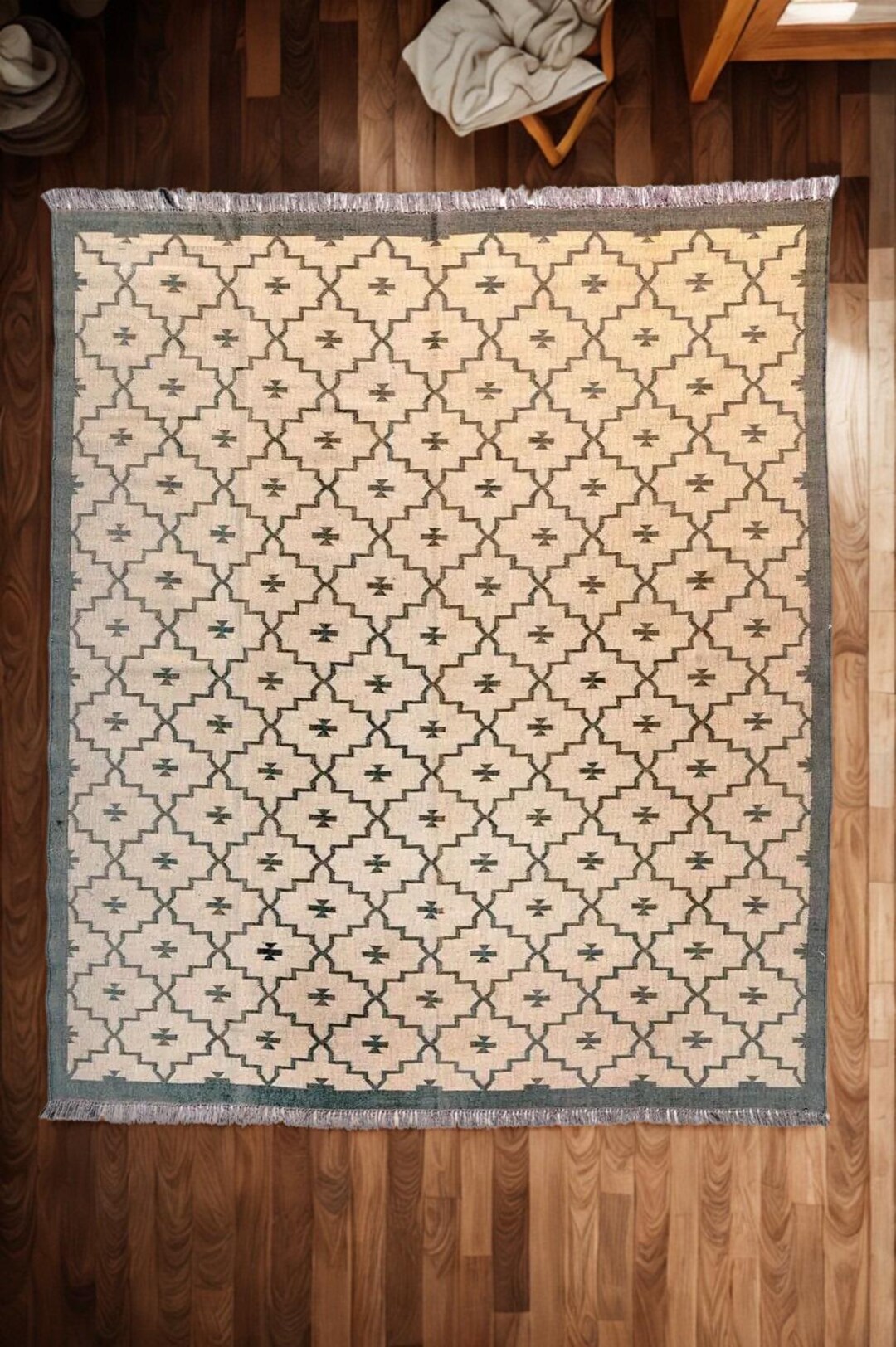 Handmade Kilim Rug, Geometric Diamond Pattern, Cream Gray Flatweave ...