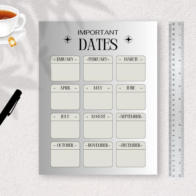 Important Dates List, Year at a Glance Calendar, Birthday & Anniversary ...