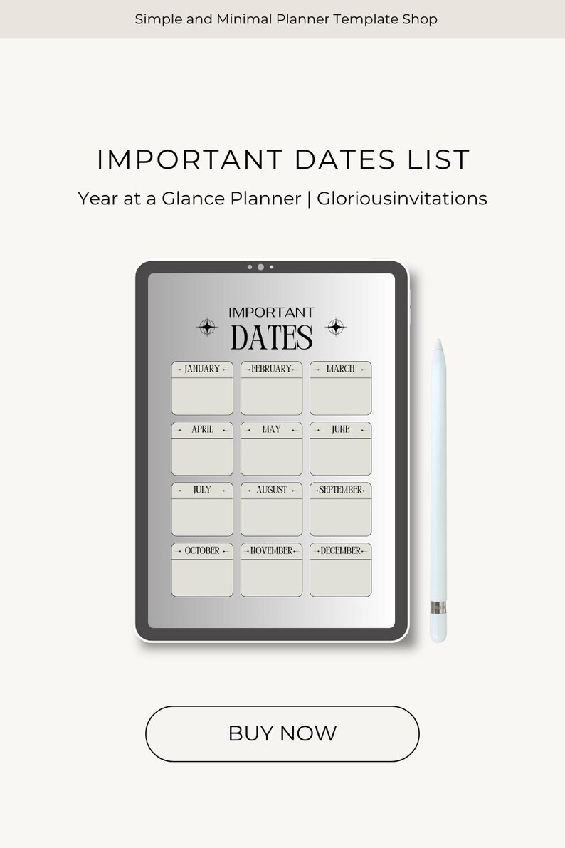 Important Dates List, Year at a Glance Calendar, Birthday & Anniversary ...