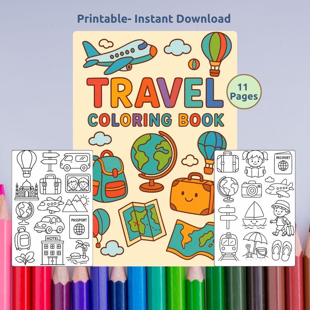 Travel Coloring Book for Kids, Printable Travel Activity, Ages 3-6 ...