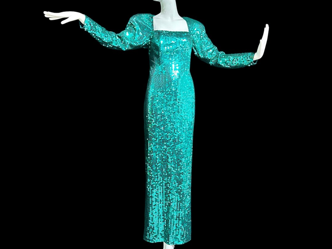 OLEG CASSINI 1980s Prom Dress, Evening Gown, Mermaid Teal Green Sequins Sheath Long Sleeve Dress ...