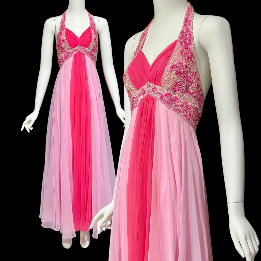 Vintage MIKE BENET Evening Prom Dress, 1960s Pink Chiffon Beaded Gown ...