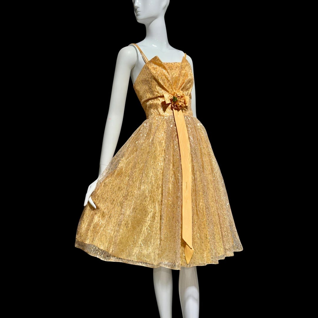 Vintage 1950s Party Prom Dress: Peachy Copper Metallic Cocktail Dress ...