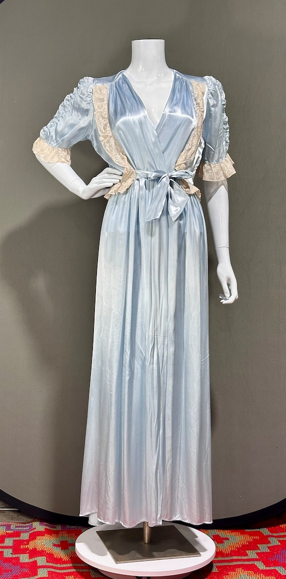 vintage dressing gown robe, 1930s powder blue shiny s… - Gem