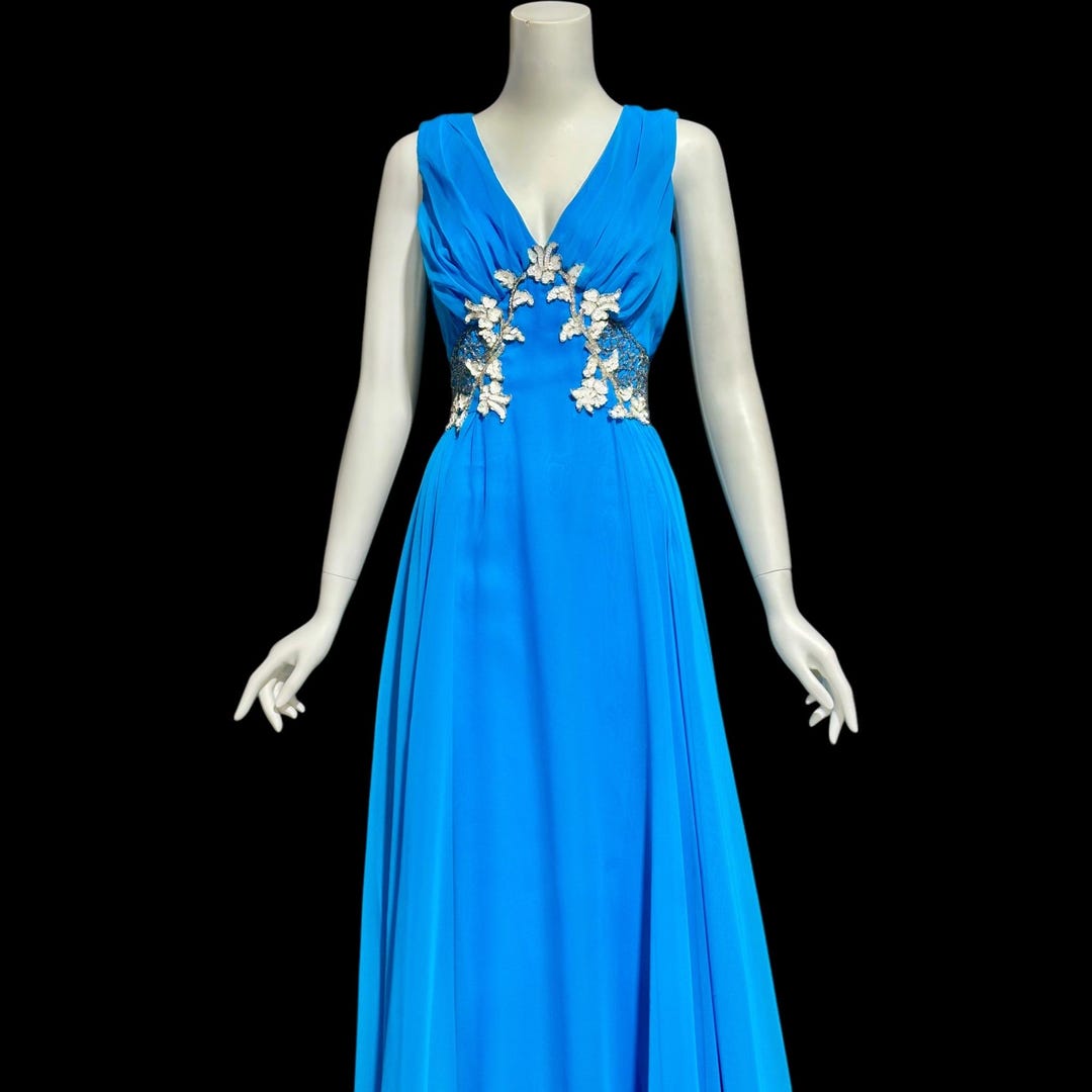 Vintage Evening Gown, 1980s Prom Dress, MIKE BENET Blue Chiffon Sequin ...