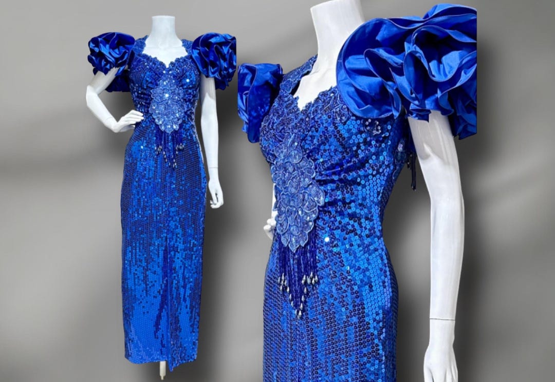 Vintage 80s Prom Party Dress, ALYCE DESIGNS Evening Gown, Sapphire Blue ...