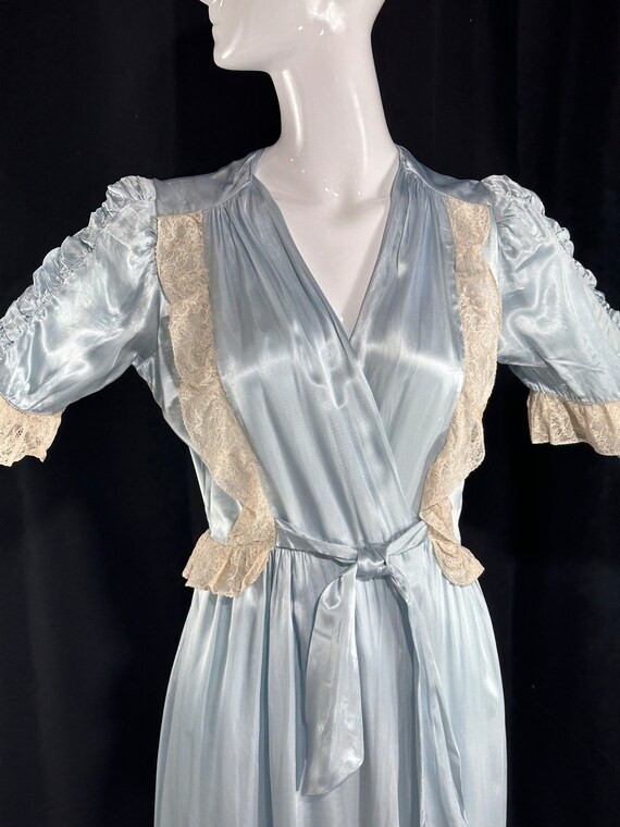 vintage dressing gown robe, 1930s powder blue shiny s… - Gem