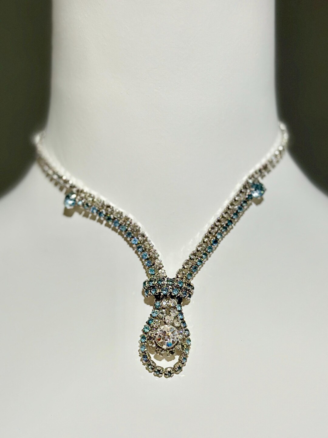 Vintage 1950s Rhinestone Necklace, Clear Crystal and Blue Rhinestone ...