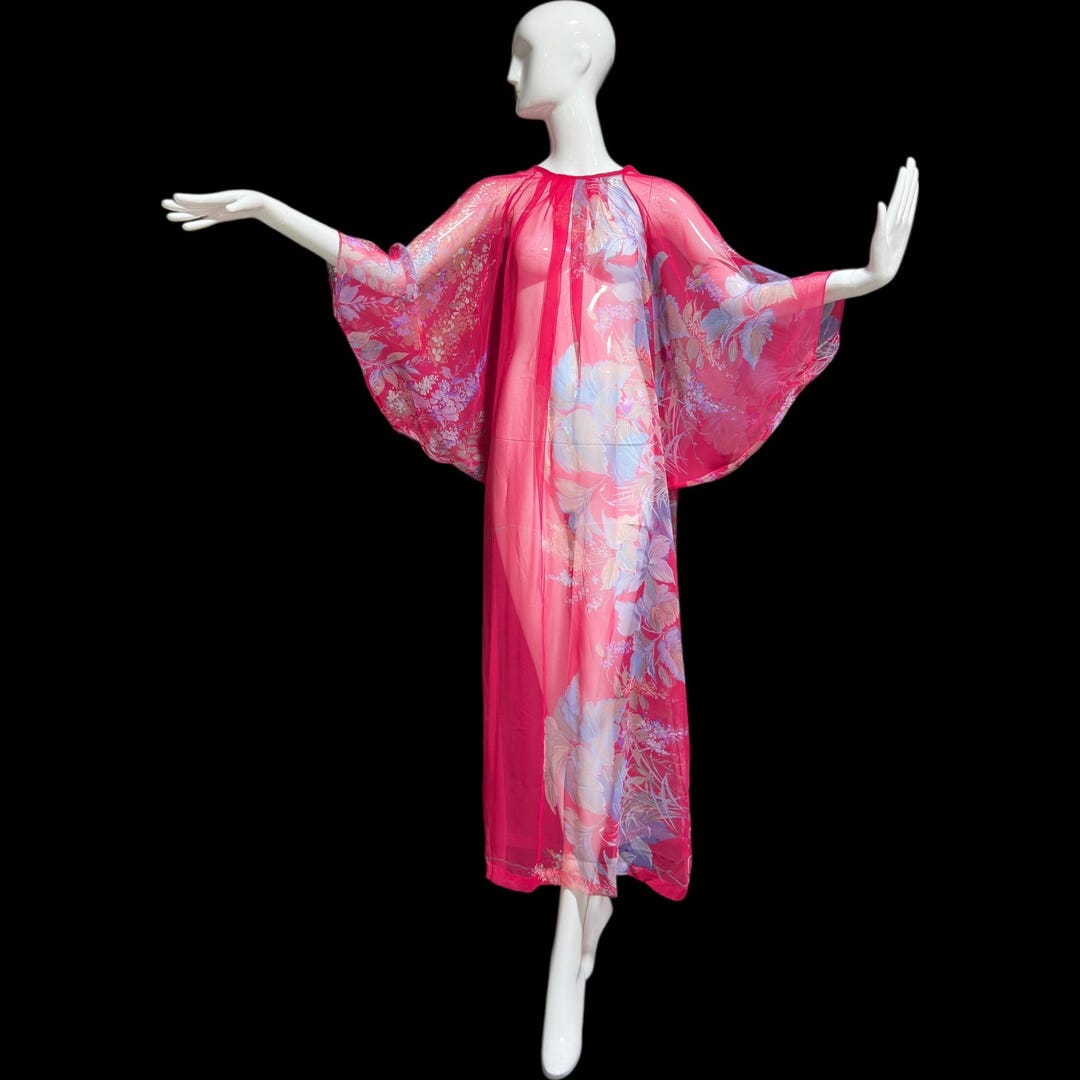 Vintage Sheer Caftan, 1970s Sheer Nylon Raspberry Pink With Hawaiian ...