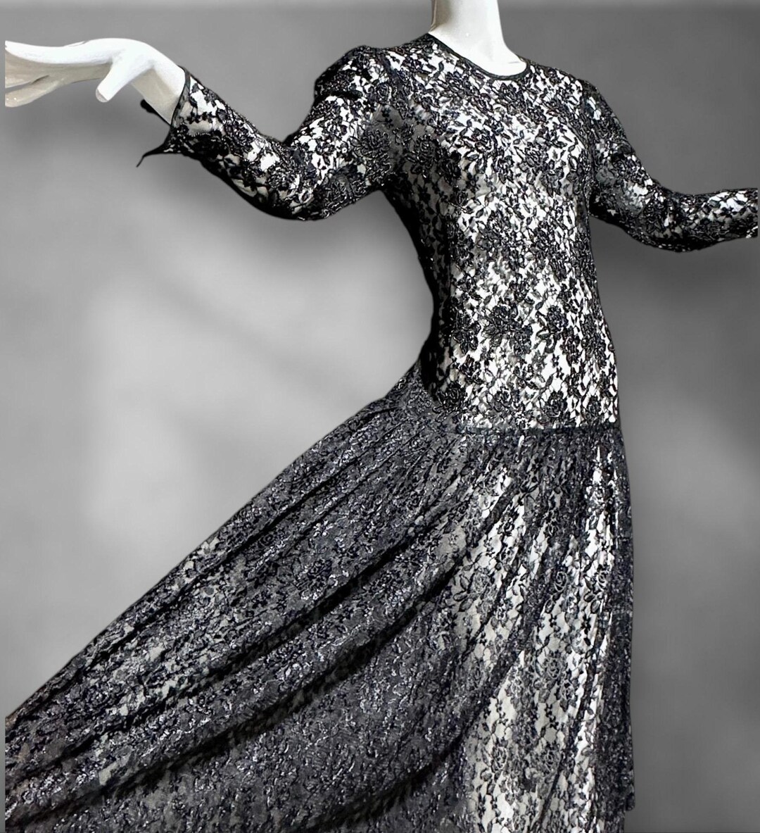 Vintage Sheer Lace Evening Dress, NANCY JOHNSON See Through Black Lace ...