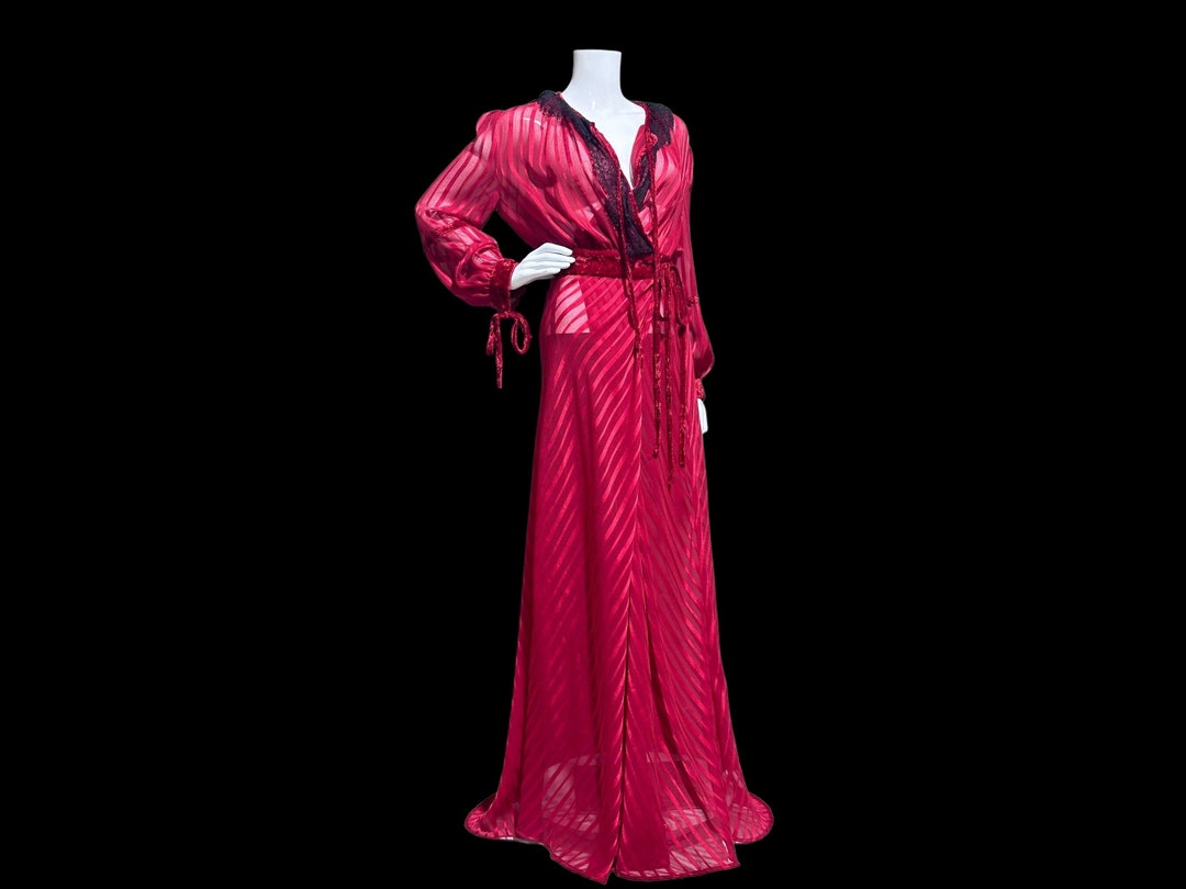 Vintage Dressing Gown Robe, Deep Ruby Red With Black Lace, SHEER See ...