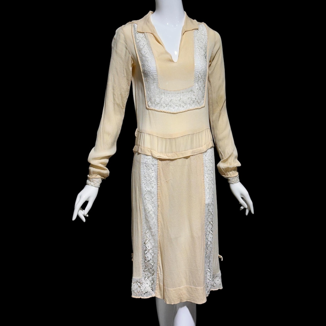 1920s Tan Crepe Gauze Day Dress: Sheer Lace Inserts, Hungarian Style ...