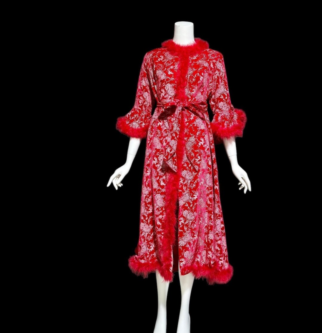 Vintage Robe Housecoat, 1970s Red Velvet With Marabou Feathers ...