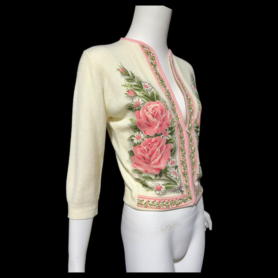 Vintage 1950s Cardigan, BERNICE Cream and Pink Rose Print Acrylic Zip ...