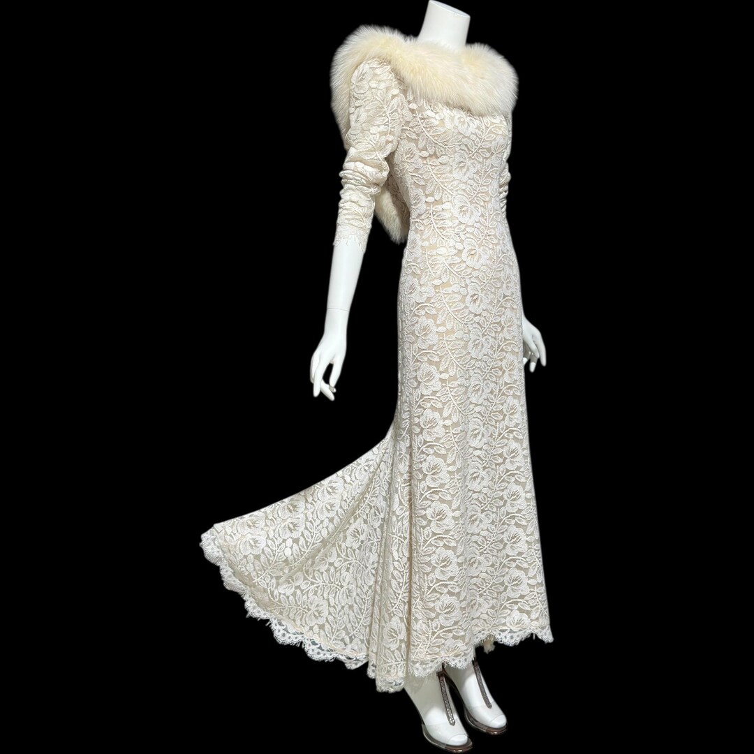 Vintage Evening Gown Dress, PAT RICHARDS Michael Maiello, 1980s White Lace & Mink Collar Dynasty ...