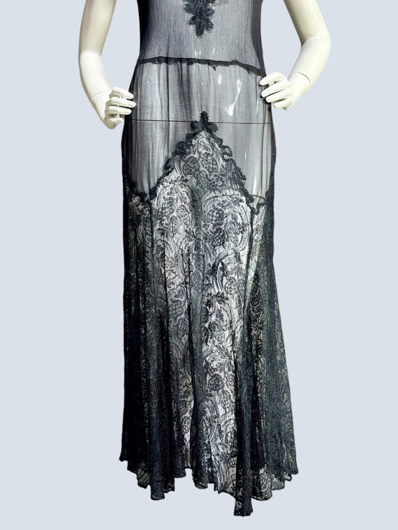 vintage 1930s evening dress, totally sheer French lac… - Gem
