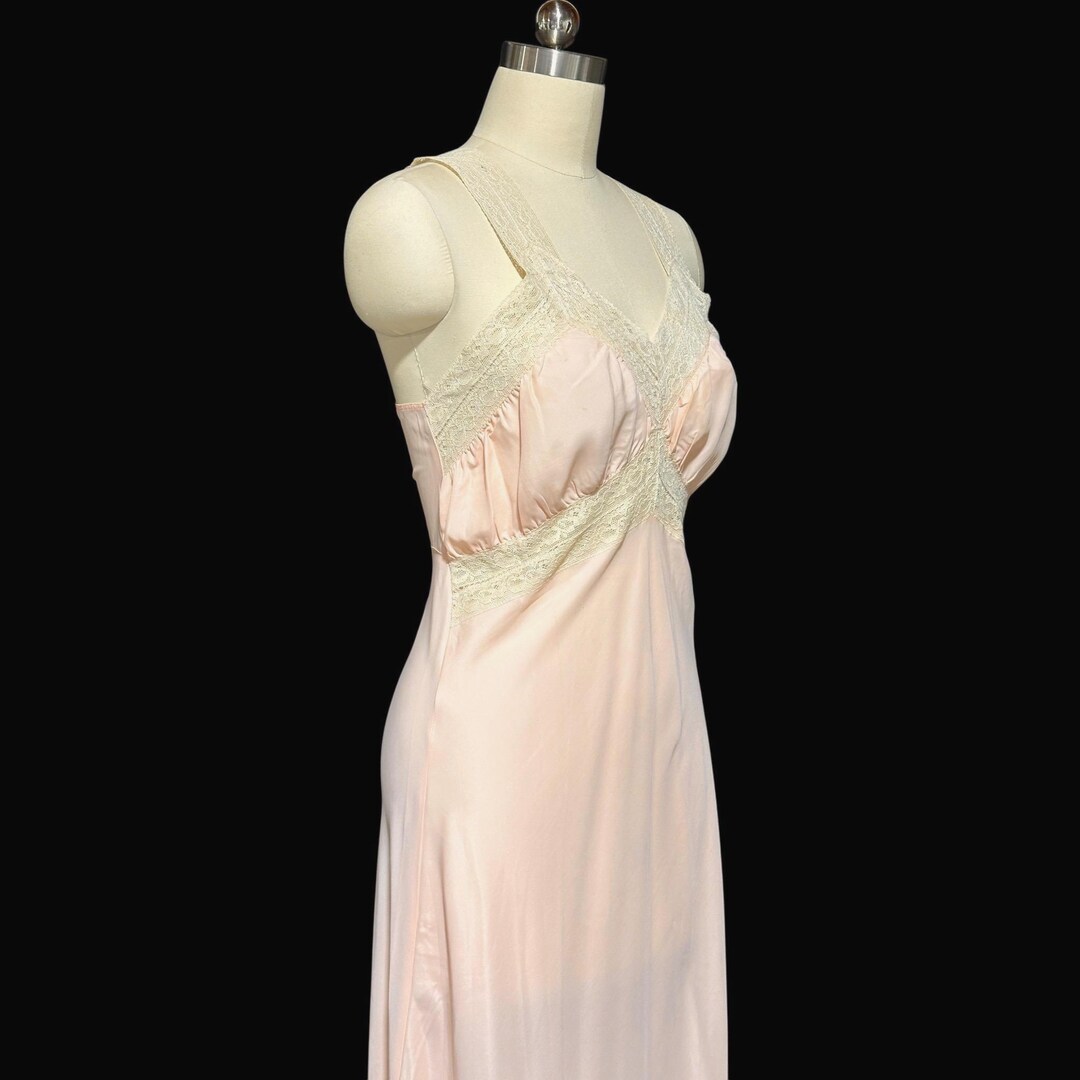 Vintage 1940s Nightgown Slip Dress, Custom Made Pink Bias Cut Lacy Slip ...