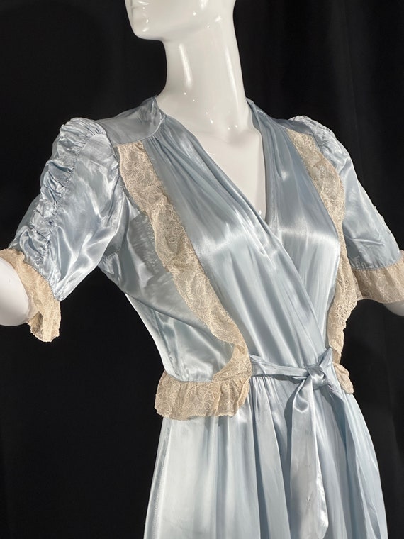 vintage dressing gown robe, 1930s powder blue shiny s… - Gem