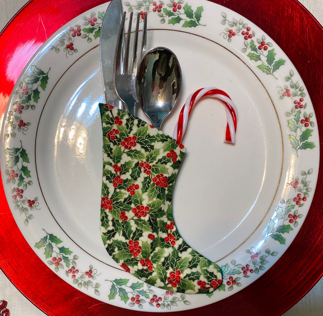 Mini Christmas Stocking Silverware Holders in Holly Pattern - Etsy UK