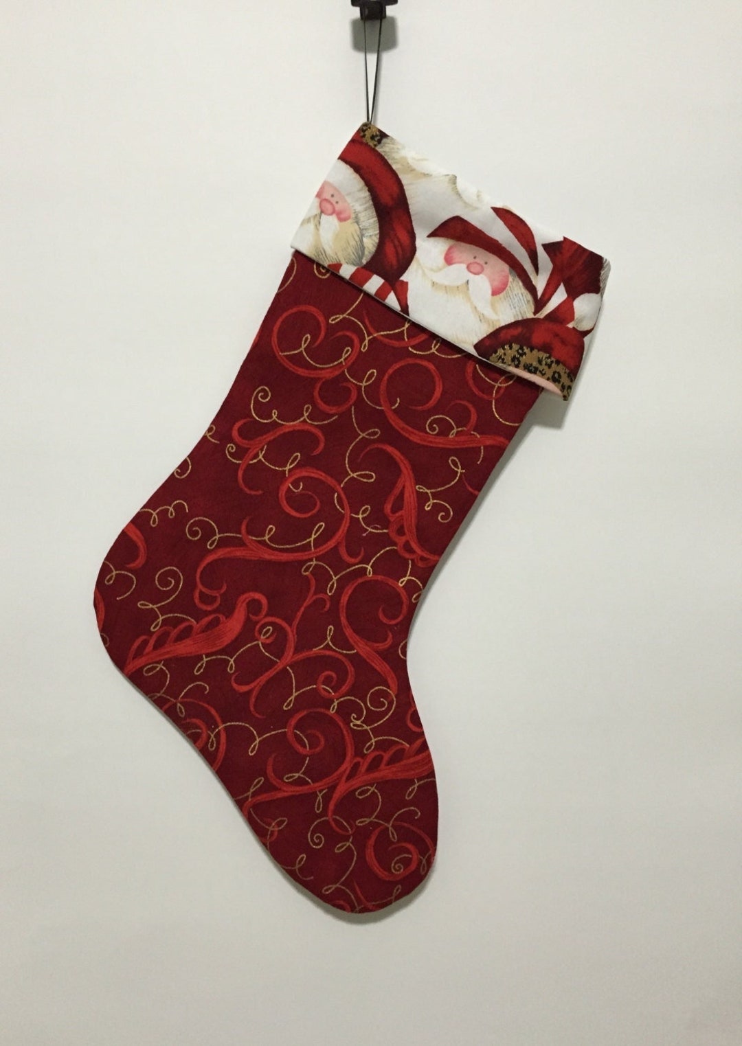 Santa Claus Christmas Stocking: Red Swirls, Santa Faces Cuff (18") - Etsy