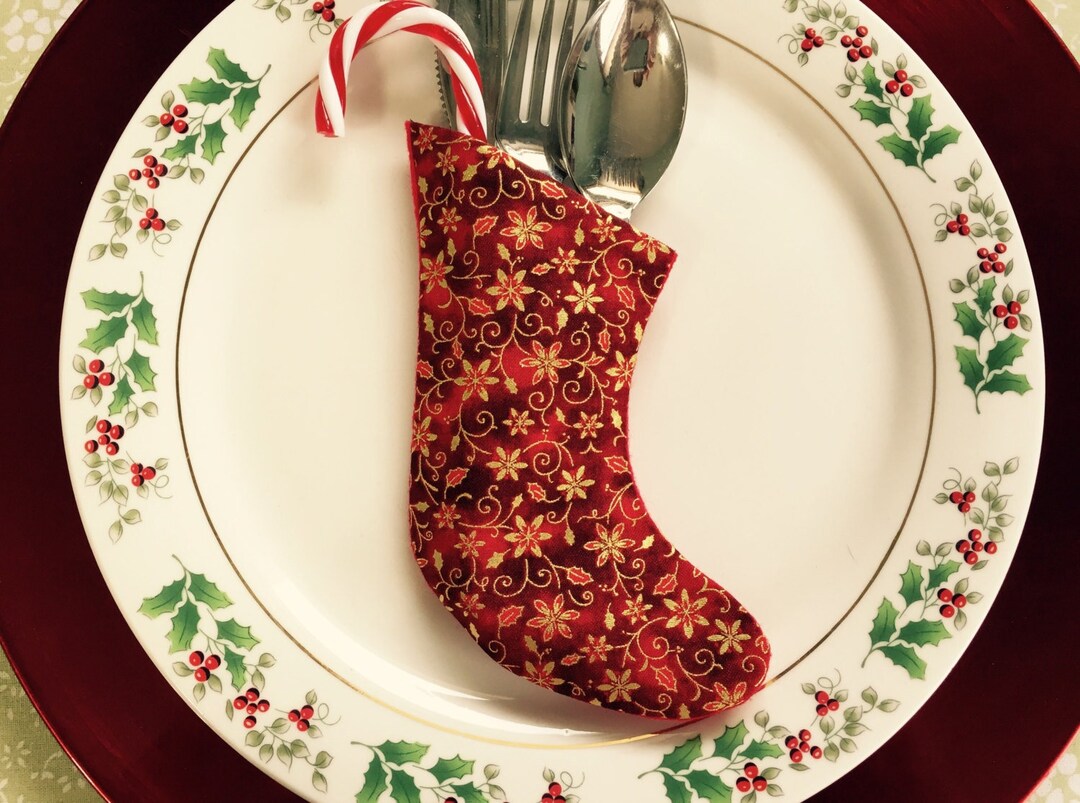 Silverware Holder Stockings for Christmas Table in Gold Floral Pattern ...