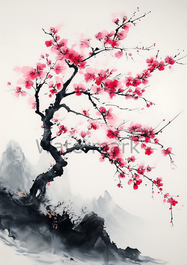 Cherry Blossom Tree Ink Painting | Japanese Landscape Wall Art ...